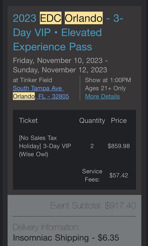 EDC Orlando VIP 3-day pass | | CashorTrade.org Face Value Tickets